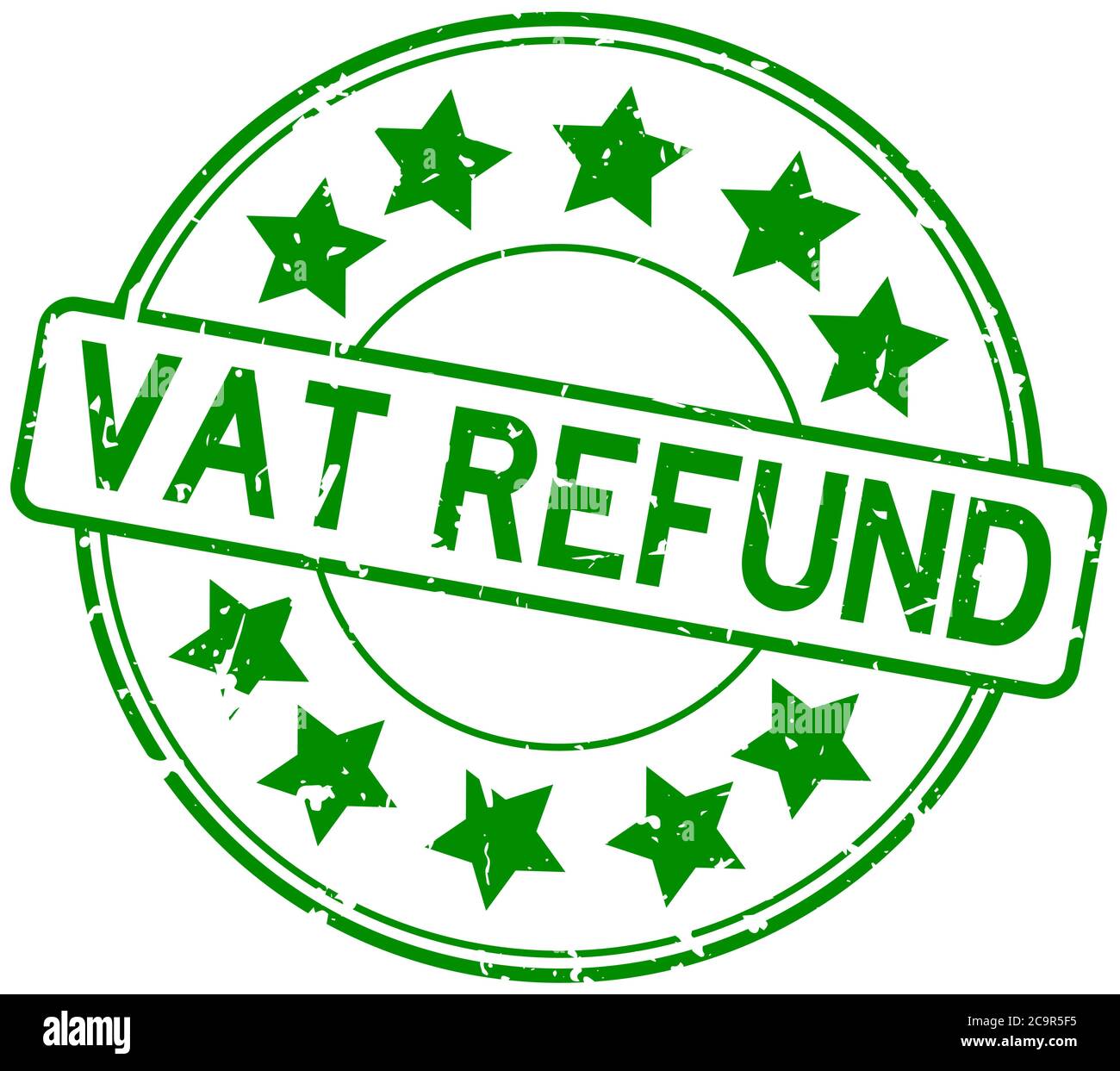 Grunge green vat refund word with star icon rubber seal stamp on white ...
