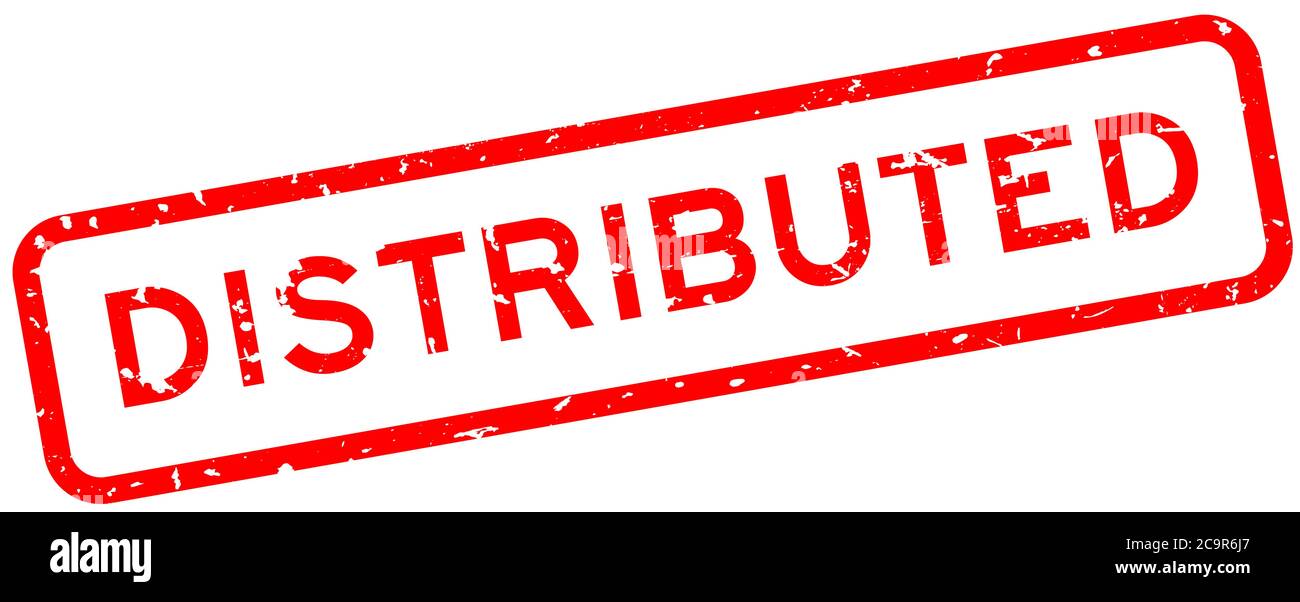 Grunge red distributed word square rubber seal stamp on white ...