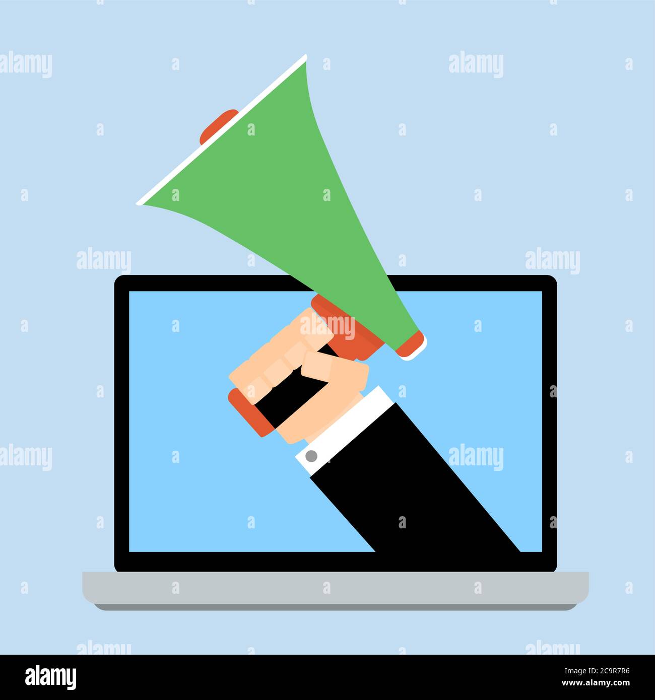 Share promotion with bullhorn. Hand hold megaphone from laptop. Smm ...