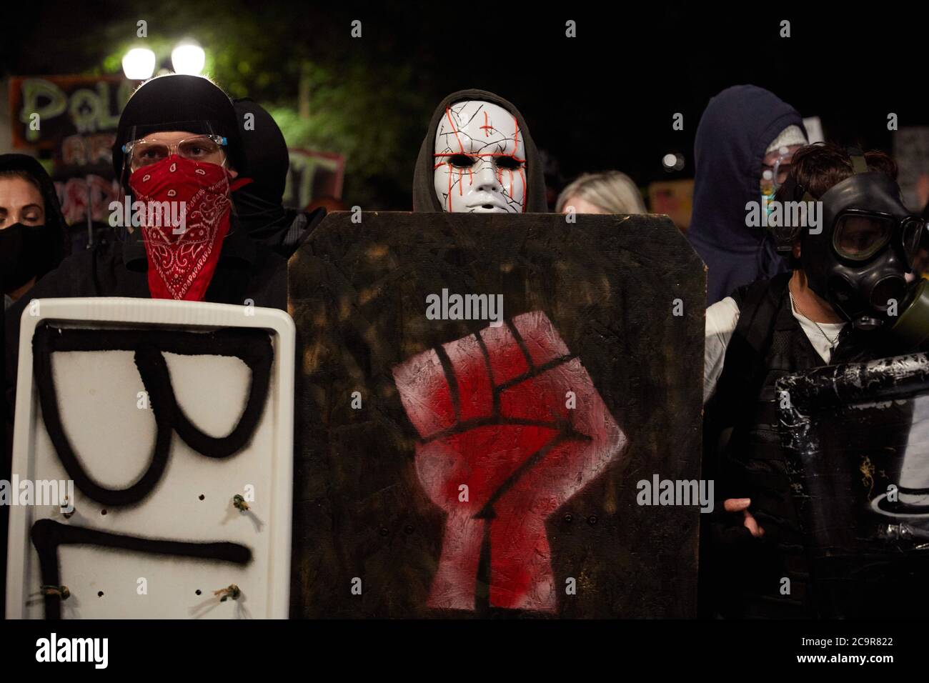 Portland, Oregon, U.S.A. 1st Aug, 2020. People dressed in homemade riot ...