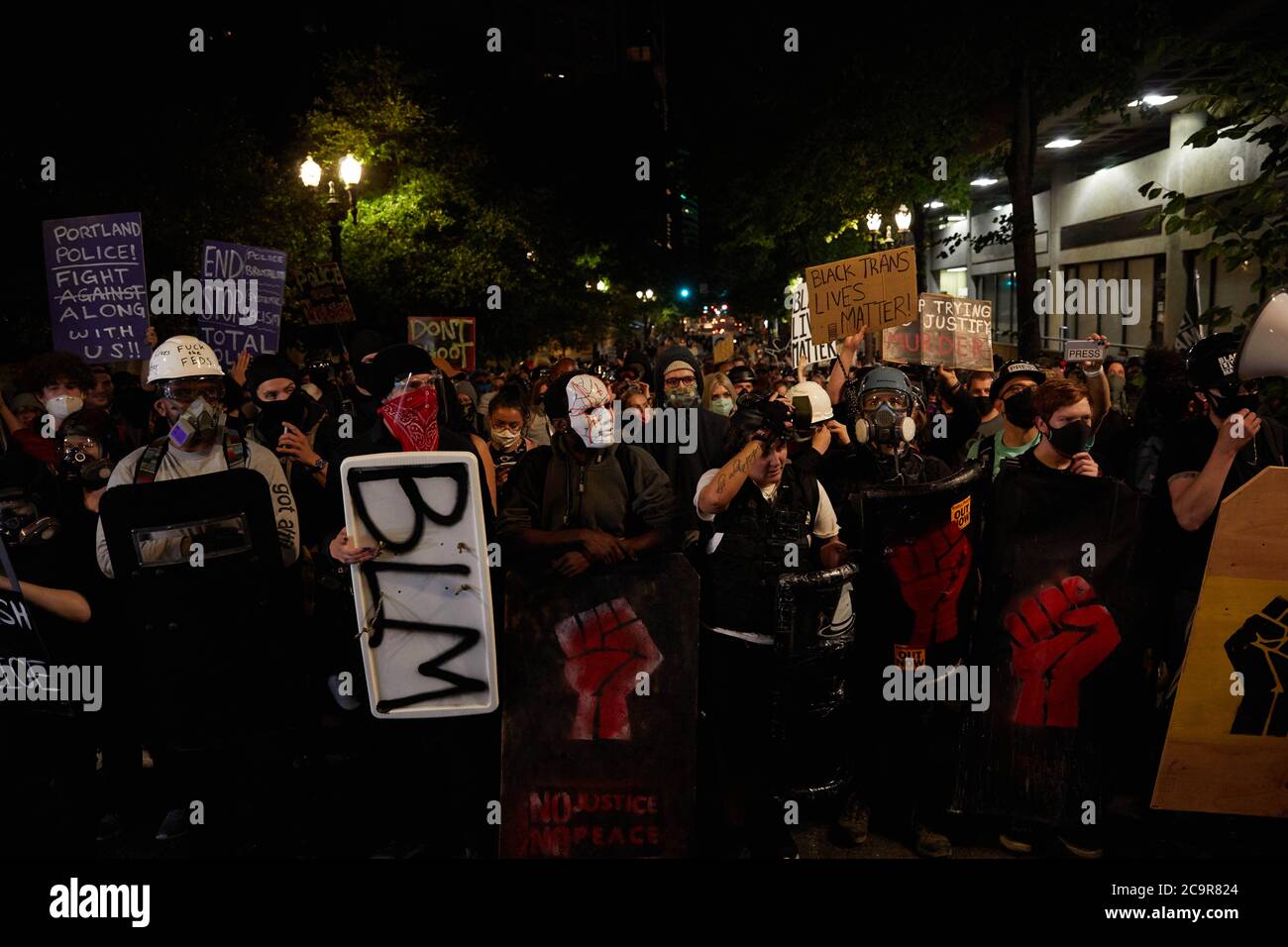 Portland, Oregon, U.S.A. 1st Aug, 2020. People dressed in homemade riot ...