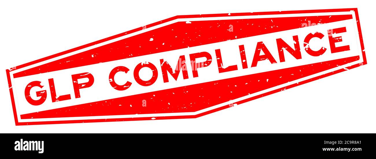 Grunge red GLP (Good Laboratory Practice) compliance word hexagon rubber seal stamp on white ...