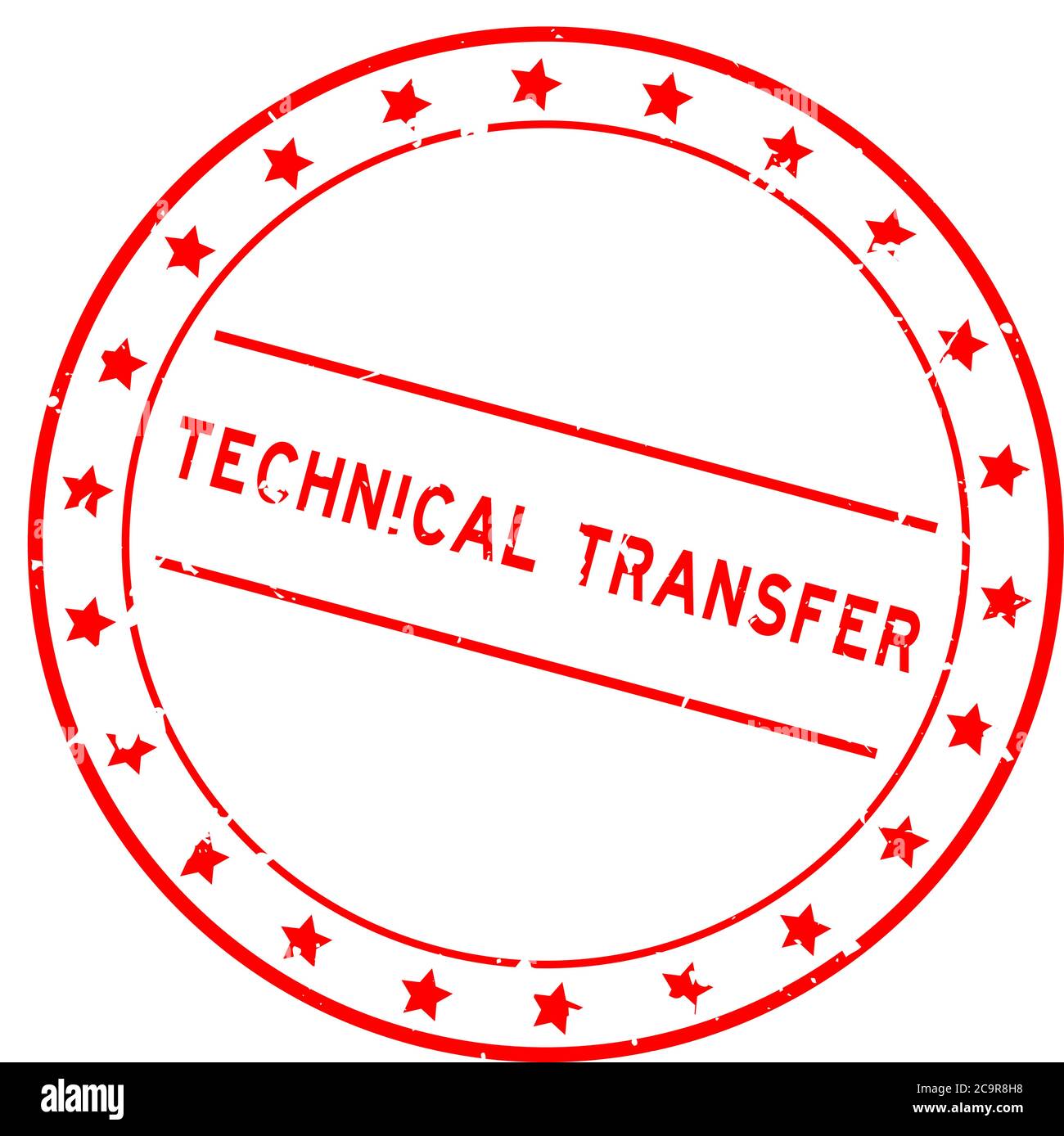 Grunge red technical transfer word round rubber seal stamp on white ...