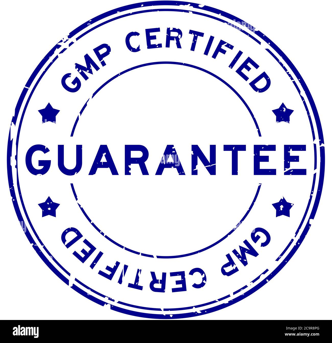 Grunge blue GMP (Good manufacturing practice) certified guarantee word round rubber seal stamp ...