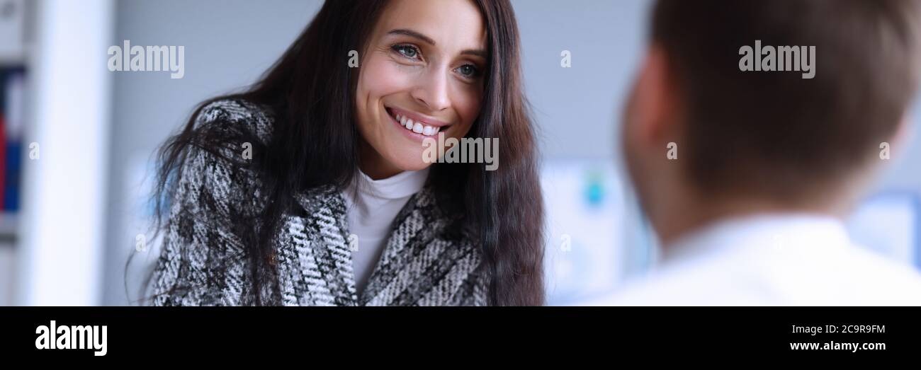 Woman boss cheerfully communicate with subordinate Stock Photo - Alamy