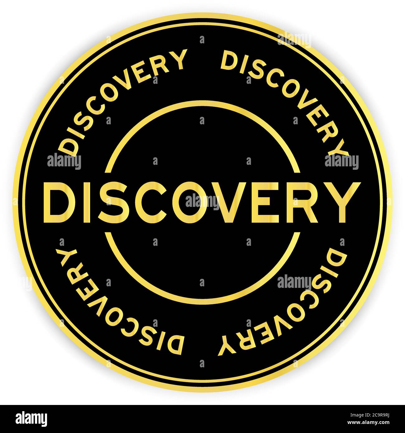 Black and gold color round sticker with word discovery on white ...