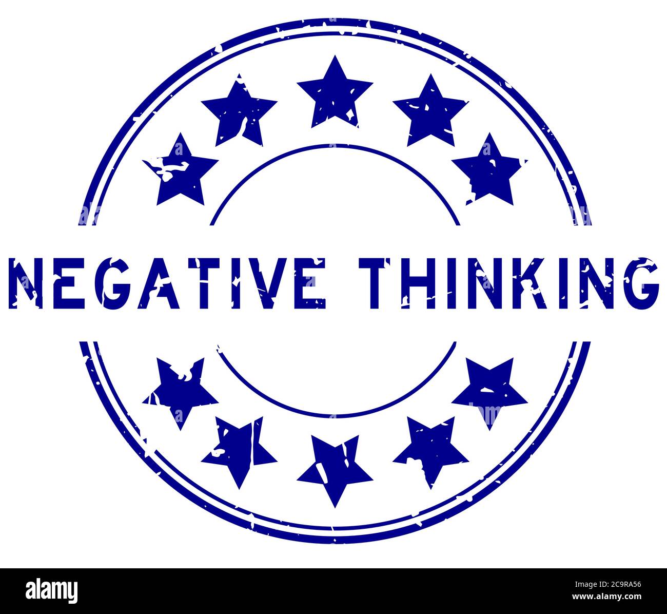 Grunge blue negative thinking word with star icon round rubber seal ...