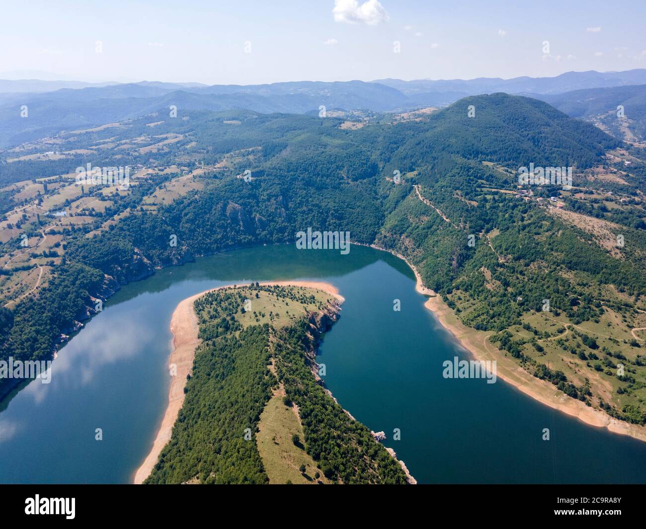 Aerial view of Arda River meanders and Kardzhali Reservoir, Bulgaria ...
