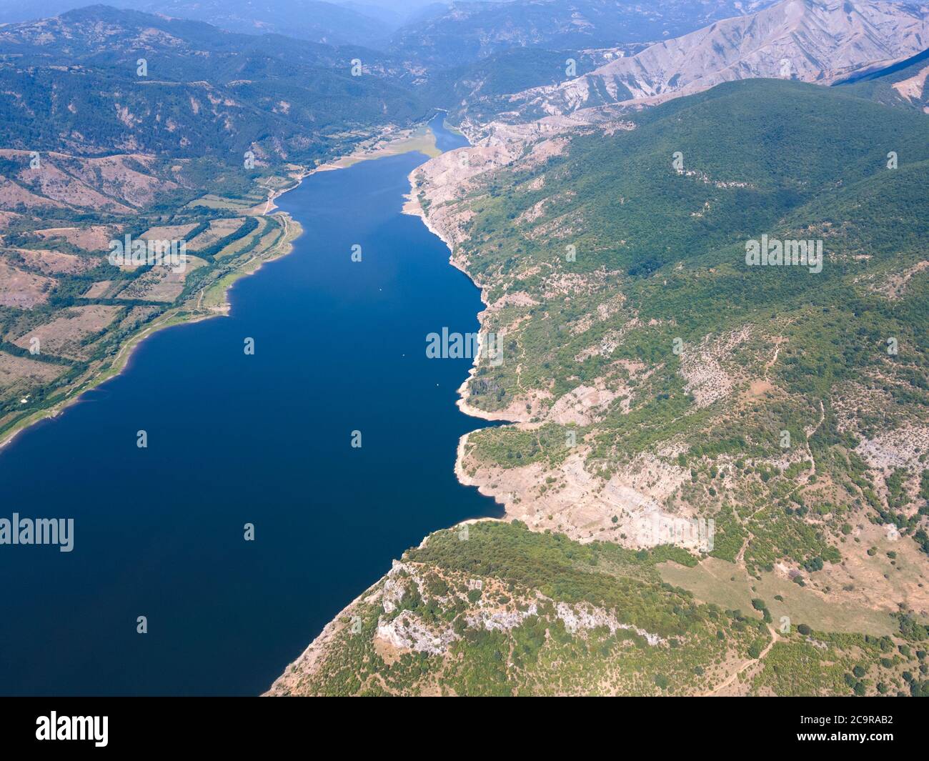 Aerial view of Arda River meanders and Kardzhali Reservoir, Bulgaria ...