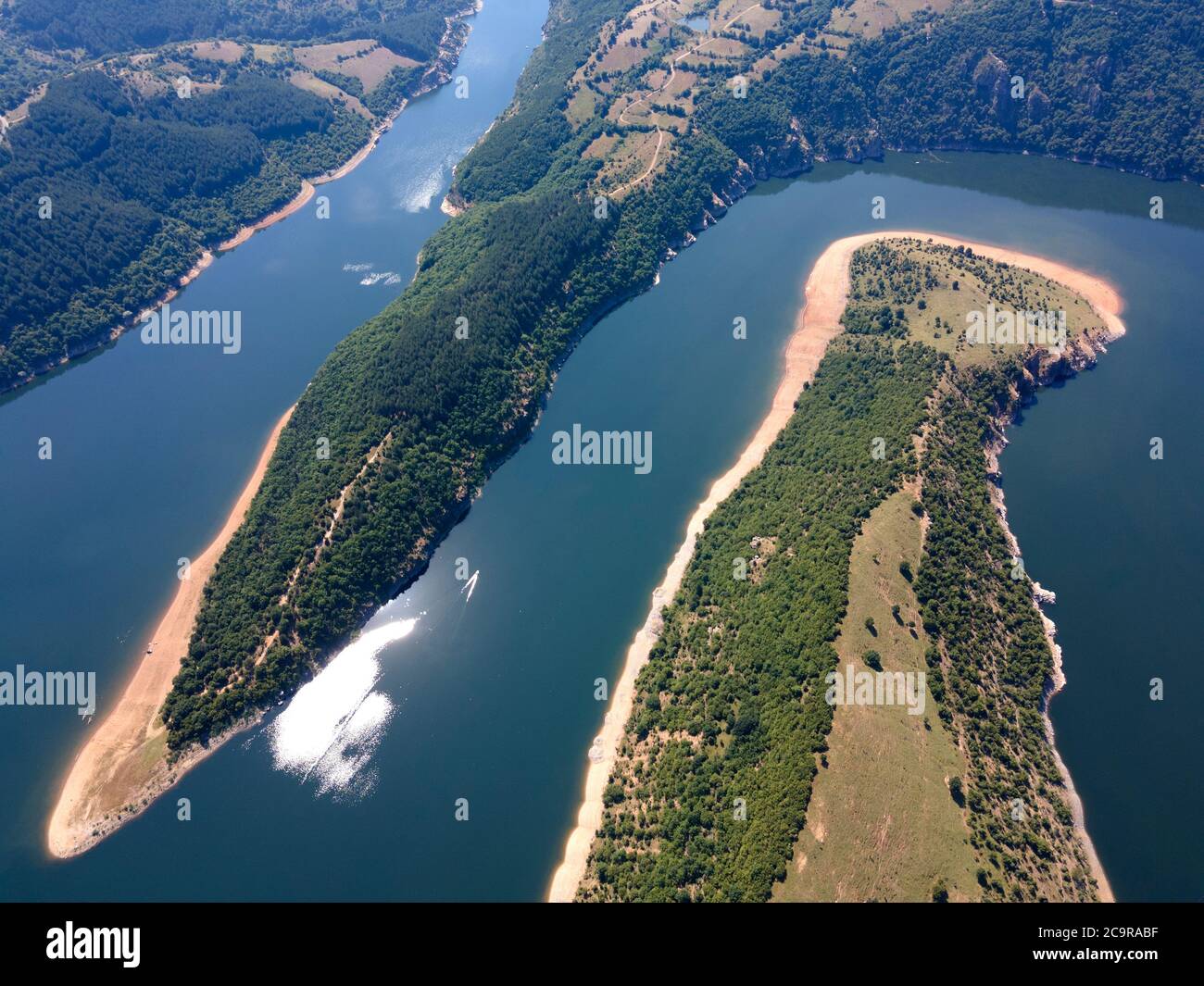 Aerial view of Arda River meanders and Kardzhali Reservoir, Bulgaria ...