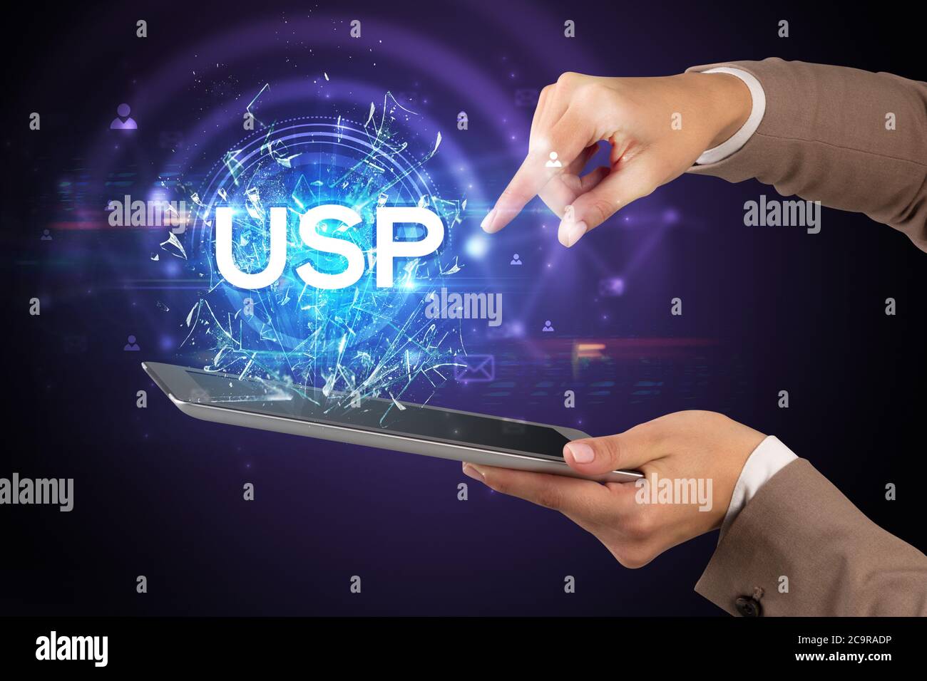 Close-up of a touchscreen with USP abbreviation, modern technology ...