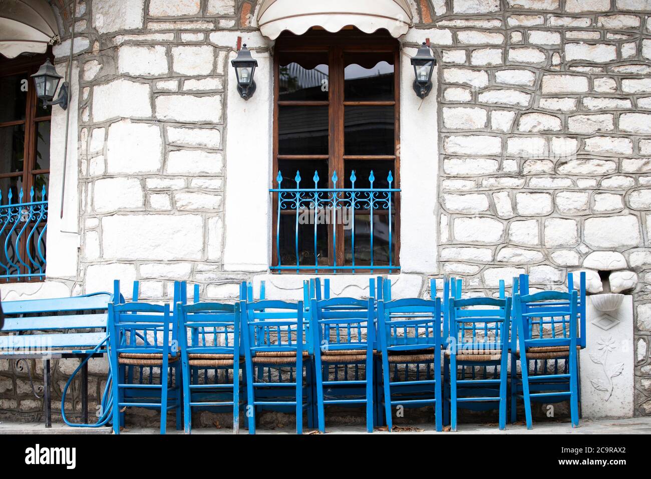Greek specific - Traditional blue windows and chairs in Thassos island ...