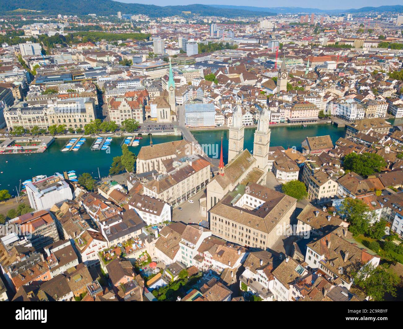 Aerial view of Limmat river and famous Zurich churches Stock Photo - Alamy