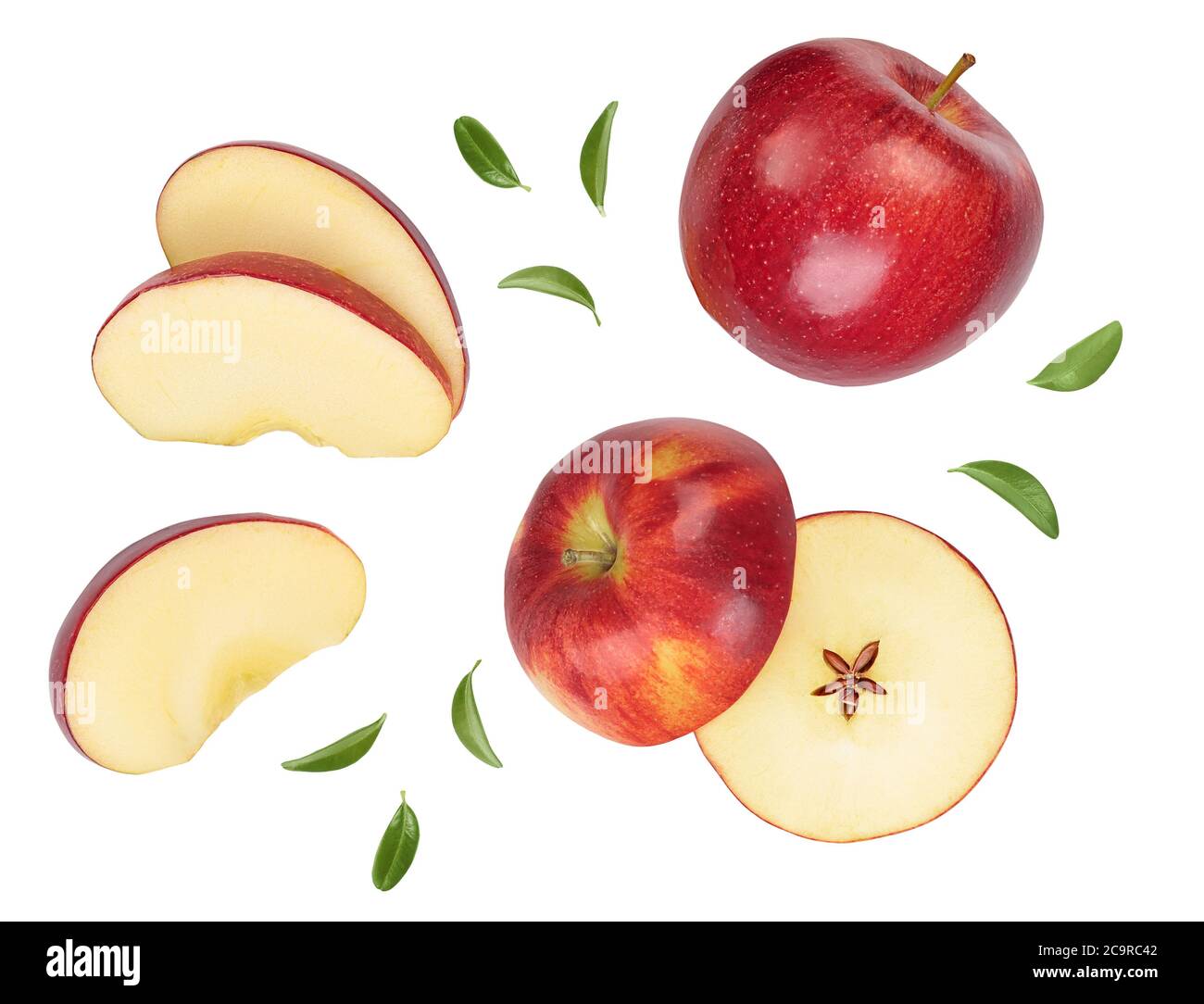 Red apple with slices isolated on white background. Top view. Flat lay ...