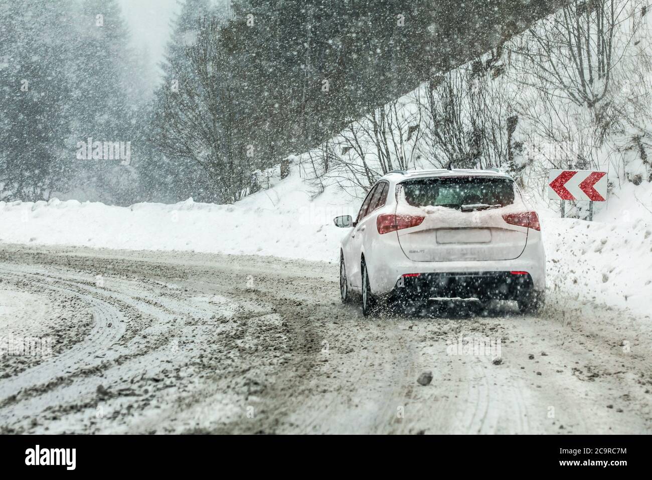 Vysna Boca, Slovakia - January 08, 2019: Car drives through heavy ...