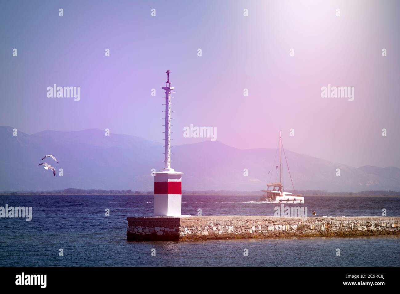 Greek specific - Sea mark with boat and flying seagulls in the Aegean ...