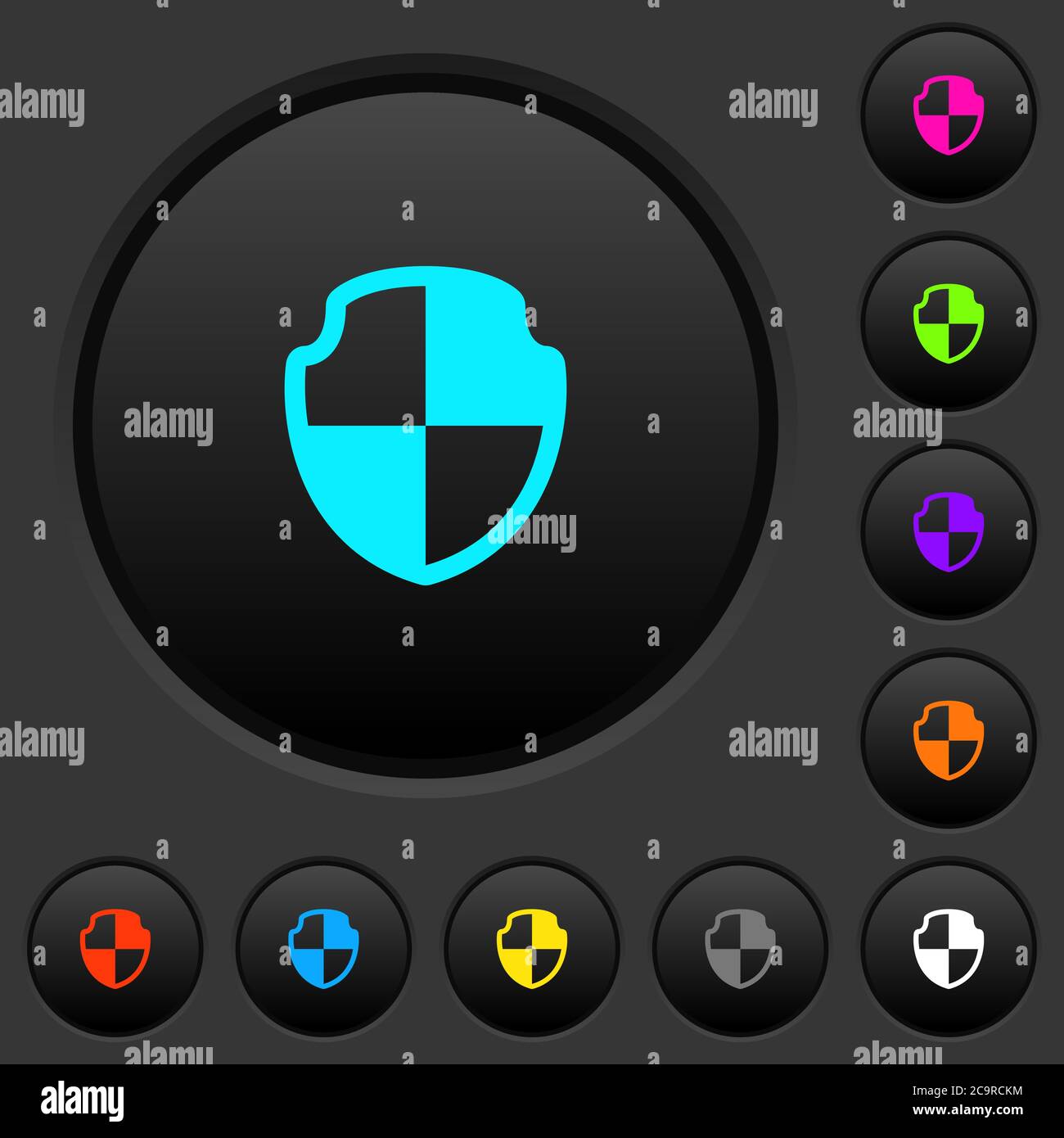 Shield dark push buttons with vivid color icons on dark grey background ...