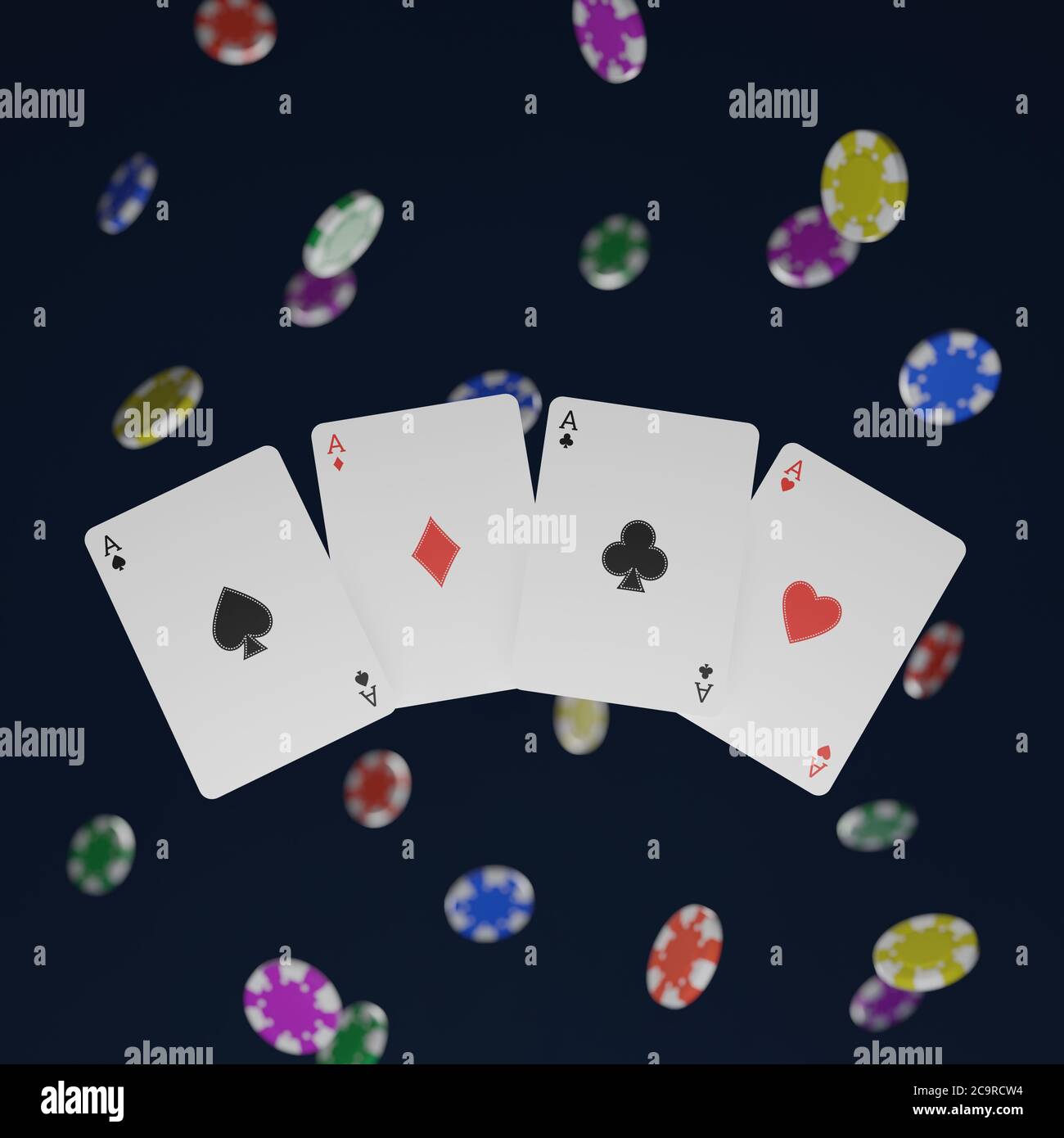3D rendered concept illustration of four aces in front of falling poker ...