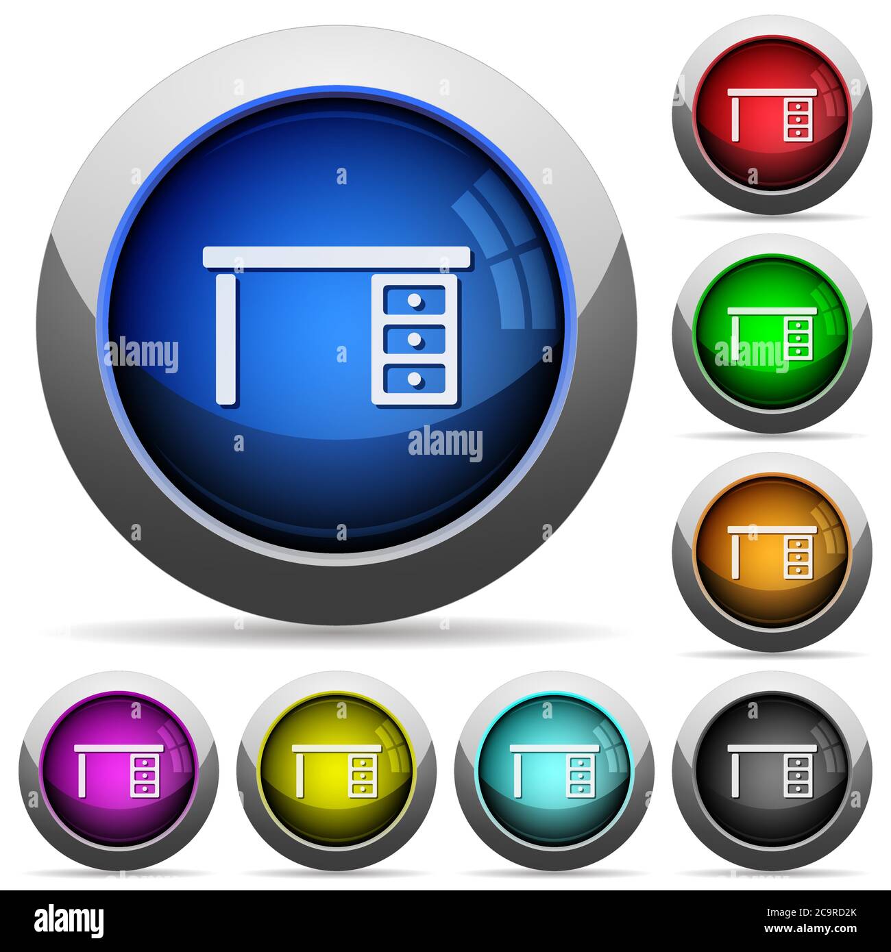 Drawer desk icons in round glossy buttons with steel frames Stock ...