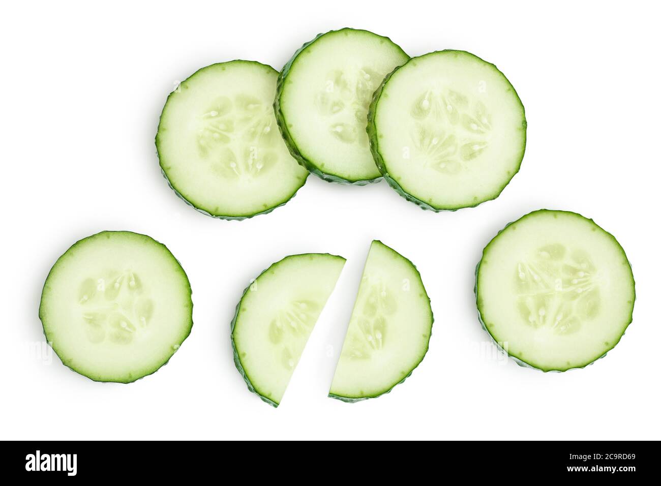 Sliced cucumber isolated on white background with clipping path and full depth of field, Top ...