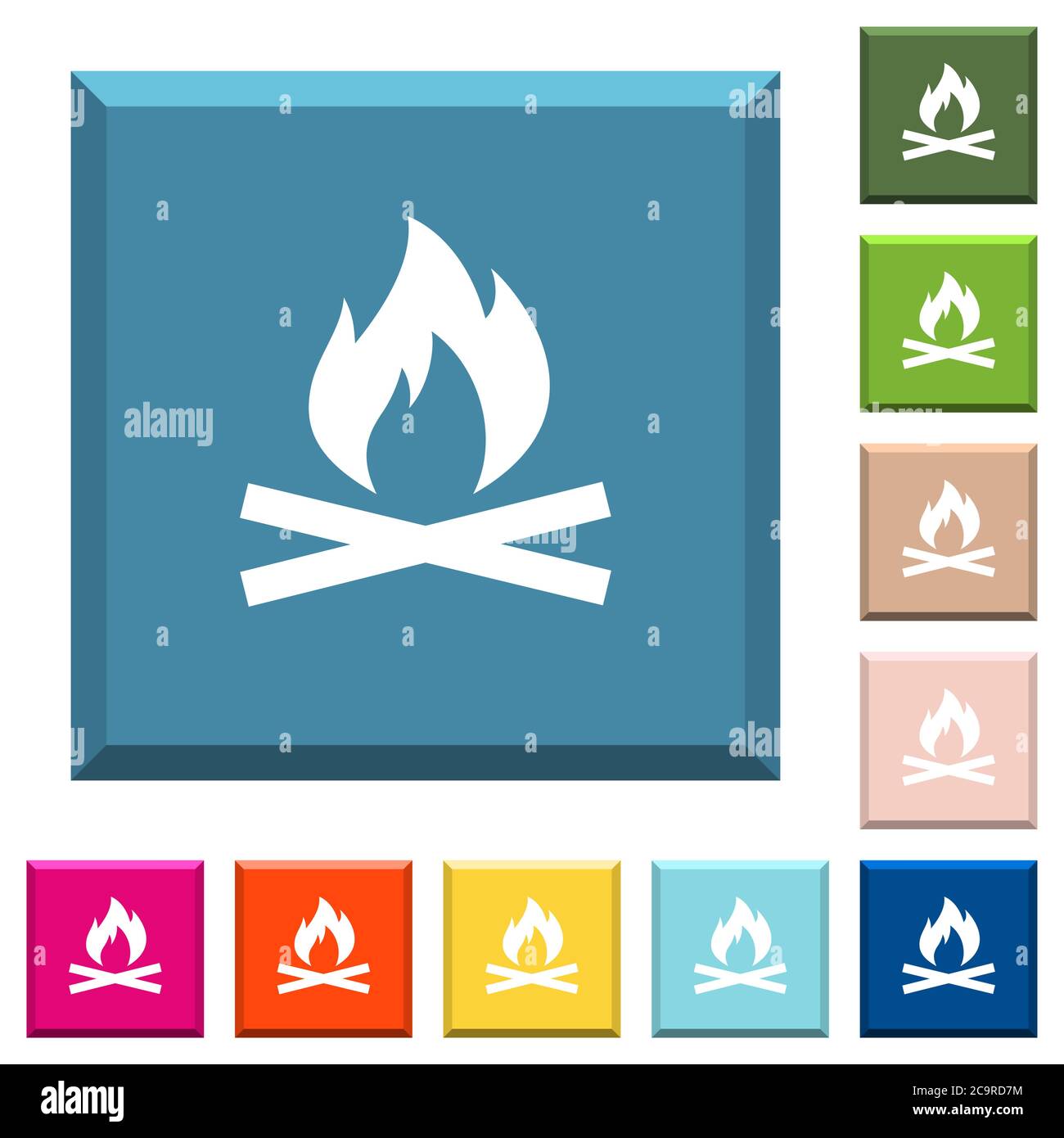 Camp fire white icons on edged square buttons in various trendy colors ...