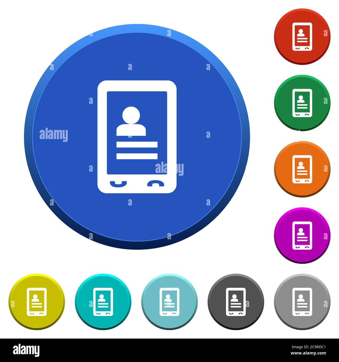 Mobile contacts round color beveled buttons with smooth surfaces and flat white icons Stock ...