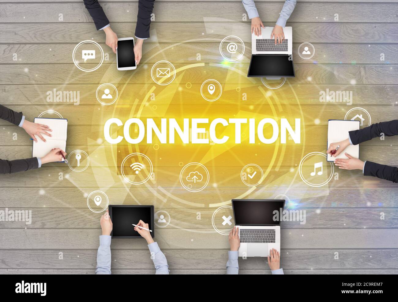 Group of people having a meeting with CONNECTION insciption, social ...