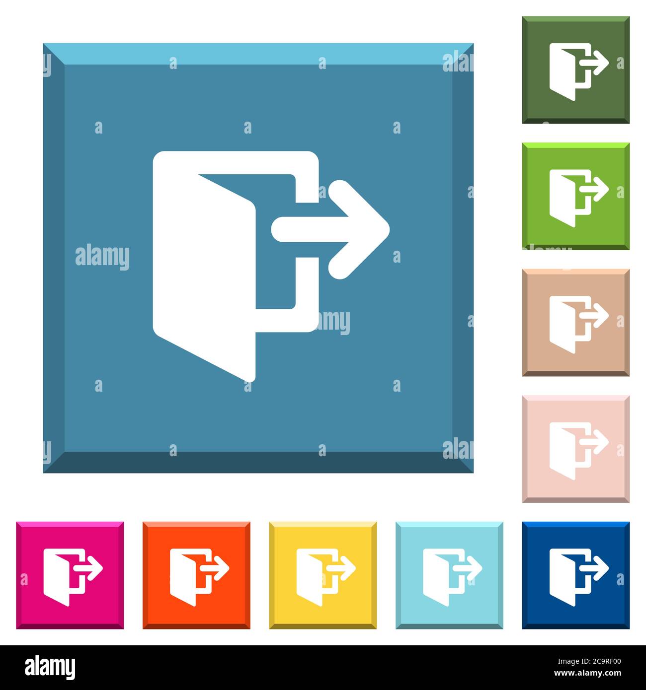 Exit white icons on edged square buttons in various trendy colors Stock ...