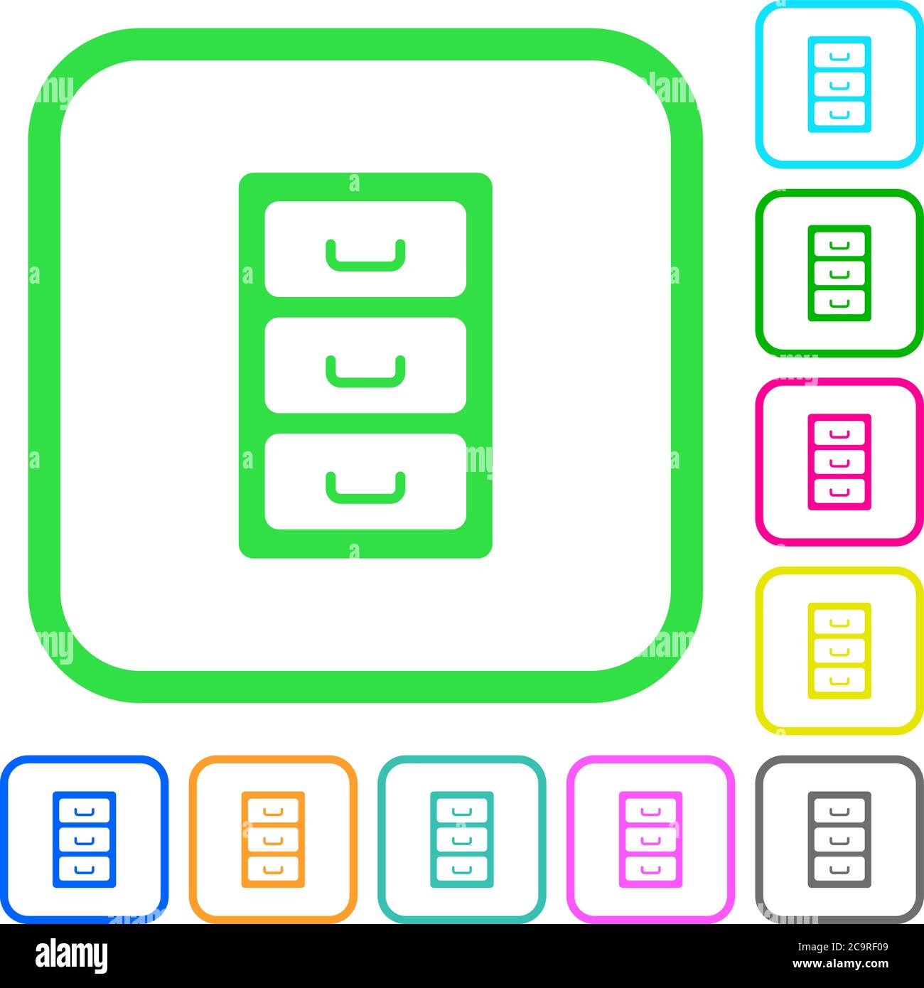 Archive file cabinet vivid colored flat icons in curved borders on ...