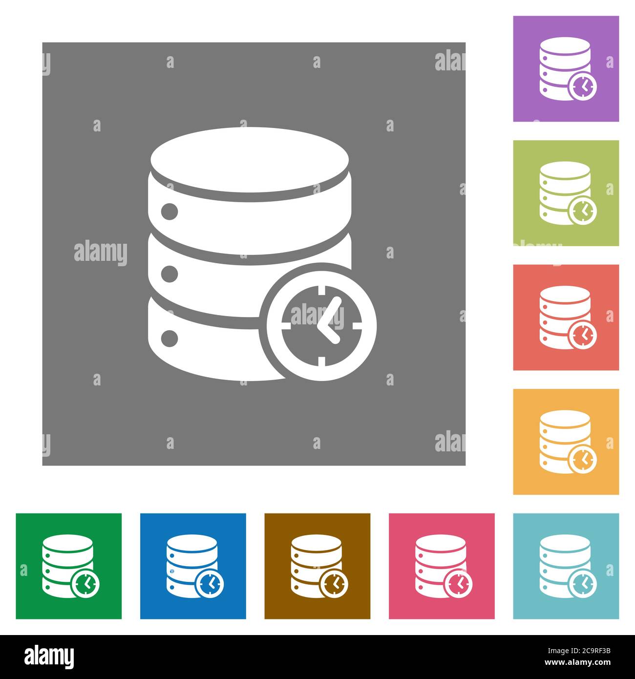 Database timed events flat icons on simple color square backgrounds ...