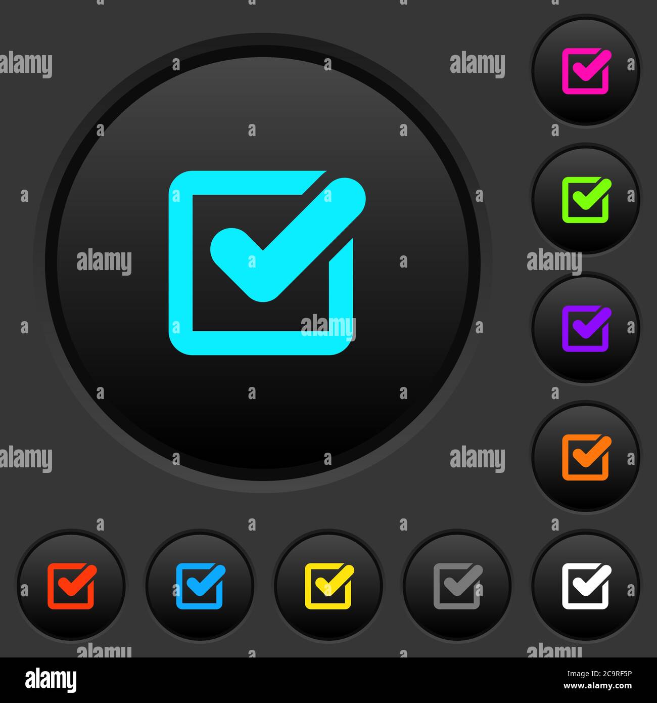 Checkbox dark push buttons with vivid color icons on dark grey ...