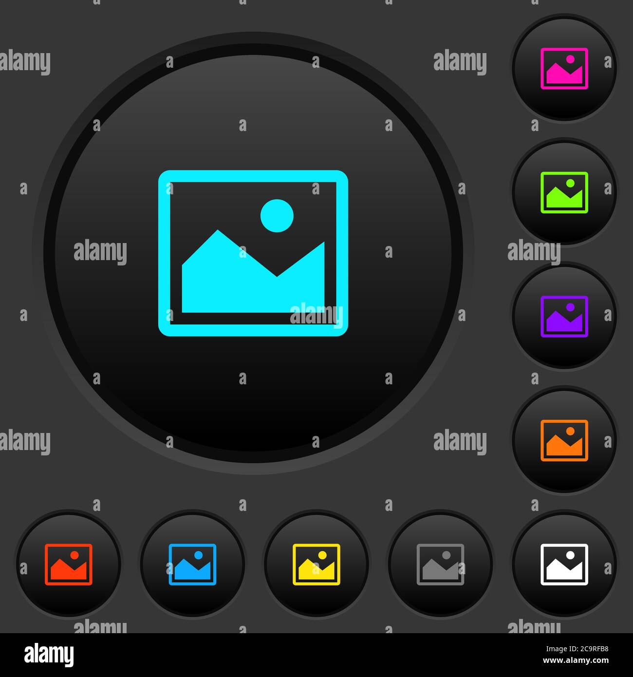 Single picture dark push buttons with vivid color icons on dark grey ...