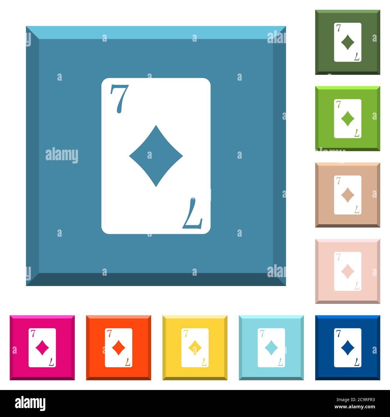 Seven of diamonds card white icons on edged square buttons in various ...