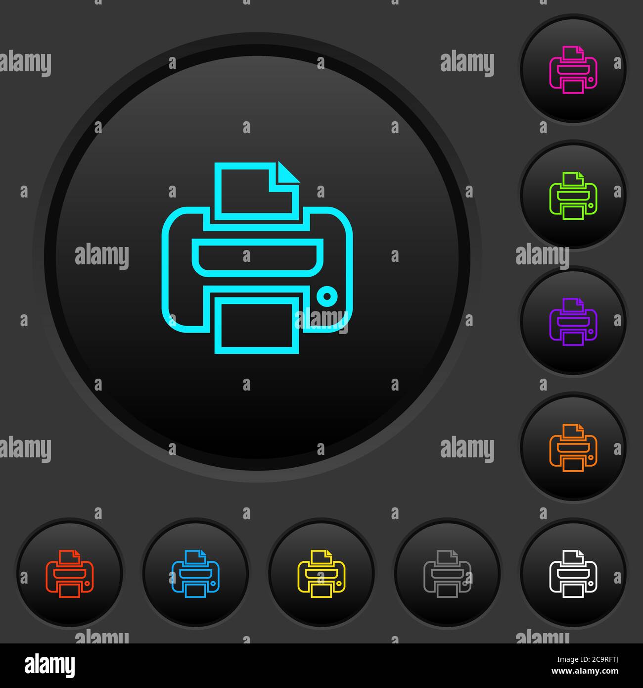 Print dark push buttons with vivid color icons on dark grey background ...