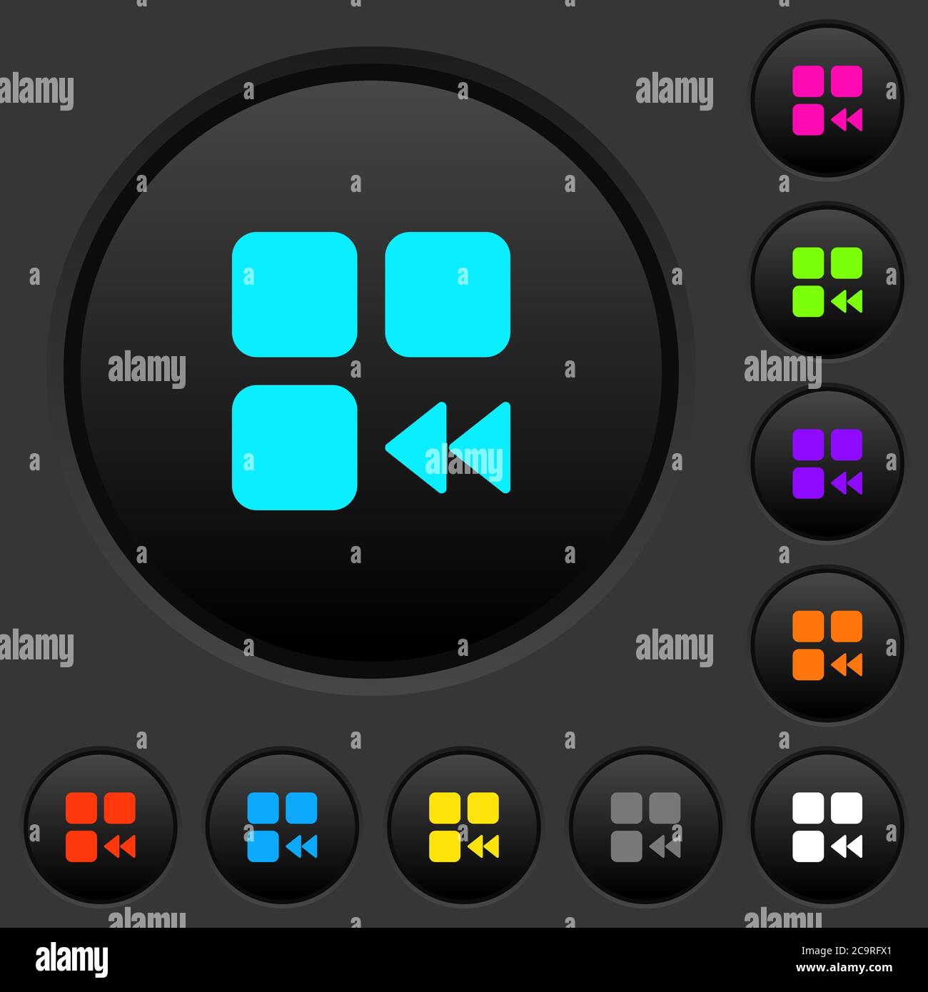 Component fast backward dark push buttons with vivid color icons on ...