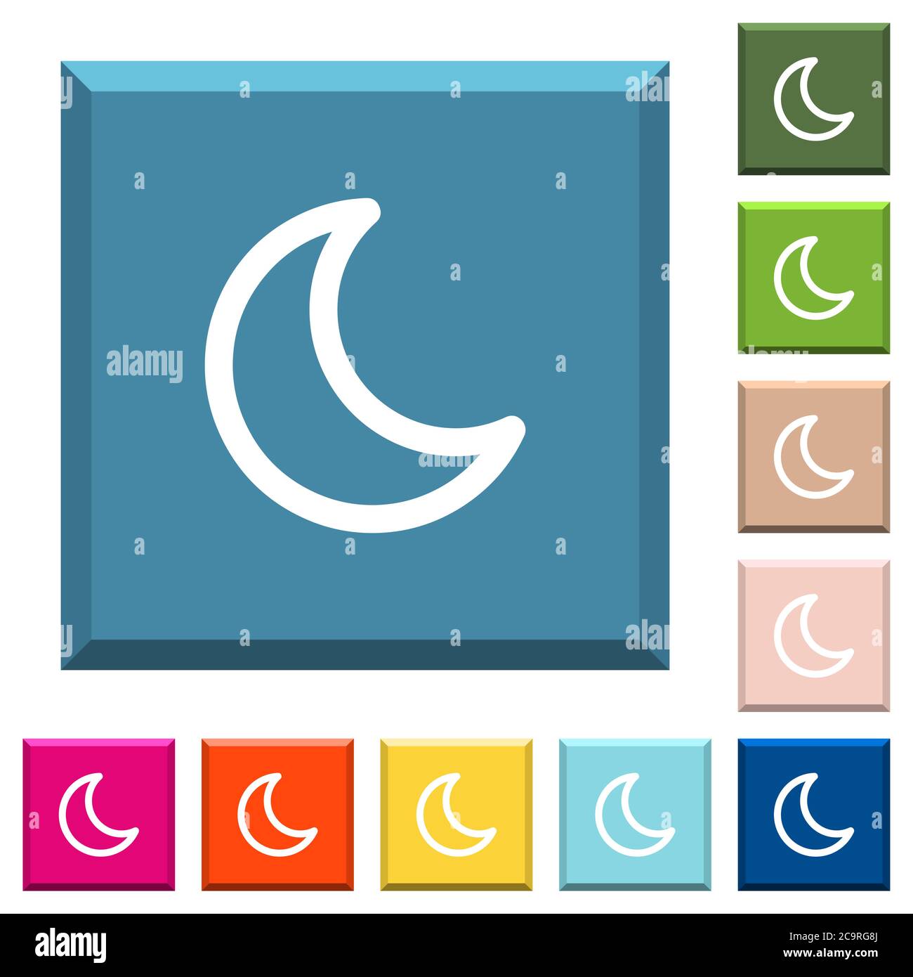 Moon shape white icons on edged square buttons in various trendy colors ...