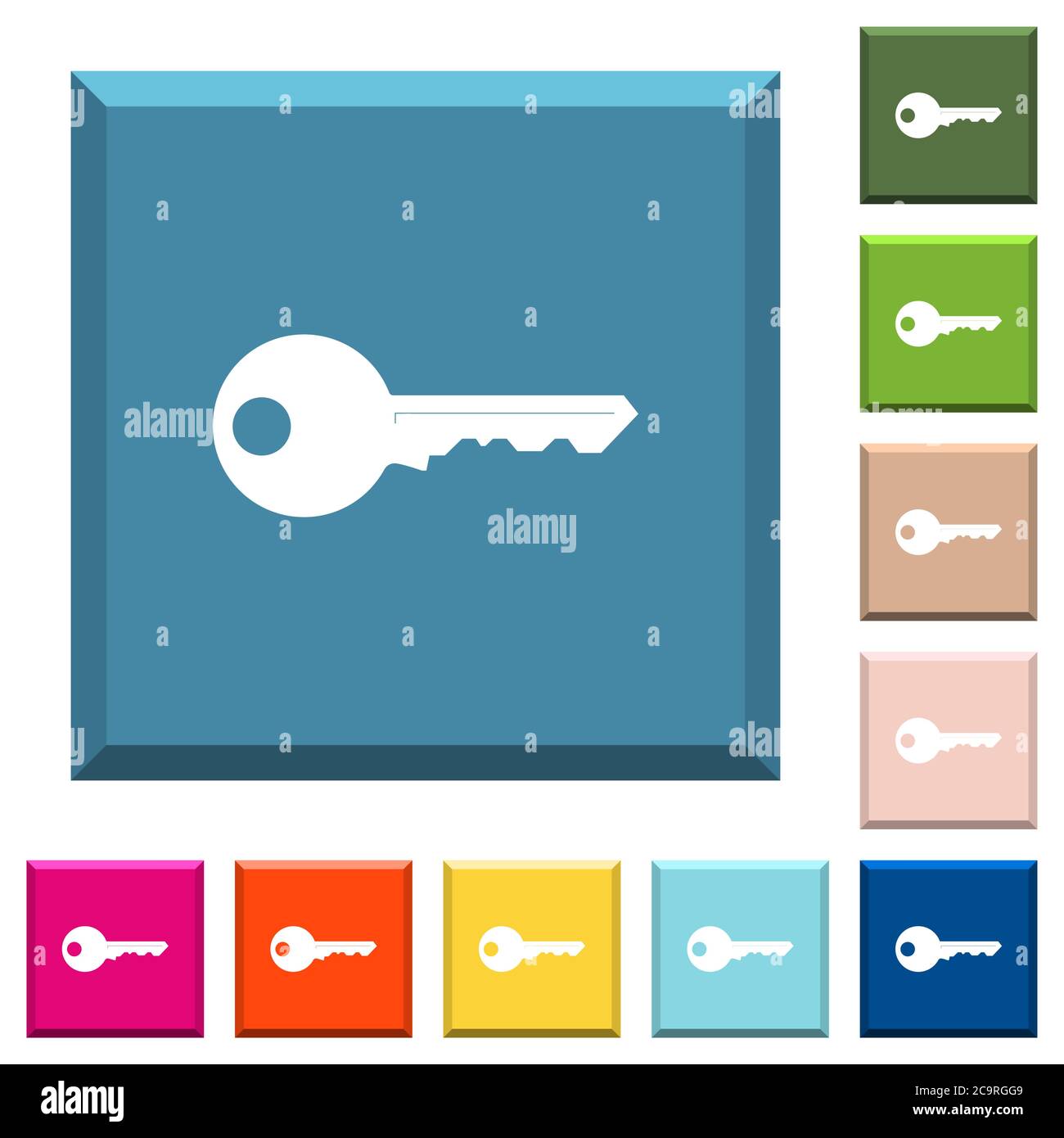 Safety key white icons on edged square buttons in various trendy colors ...