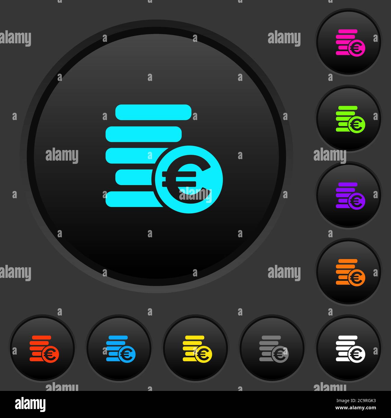 Euro coins dark push buttons with vivid color icons on dark grey ...