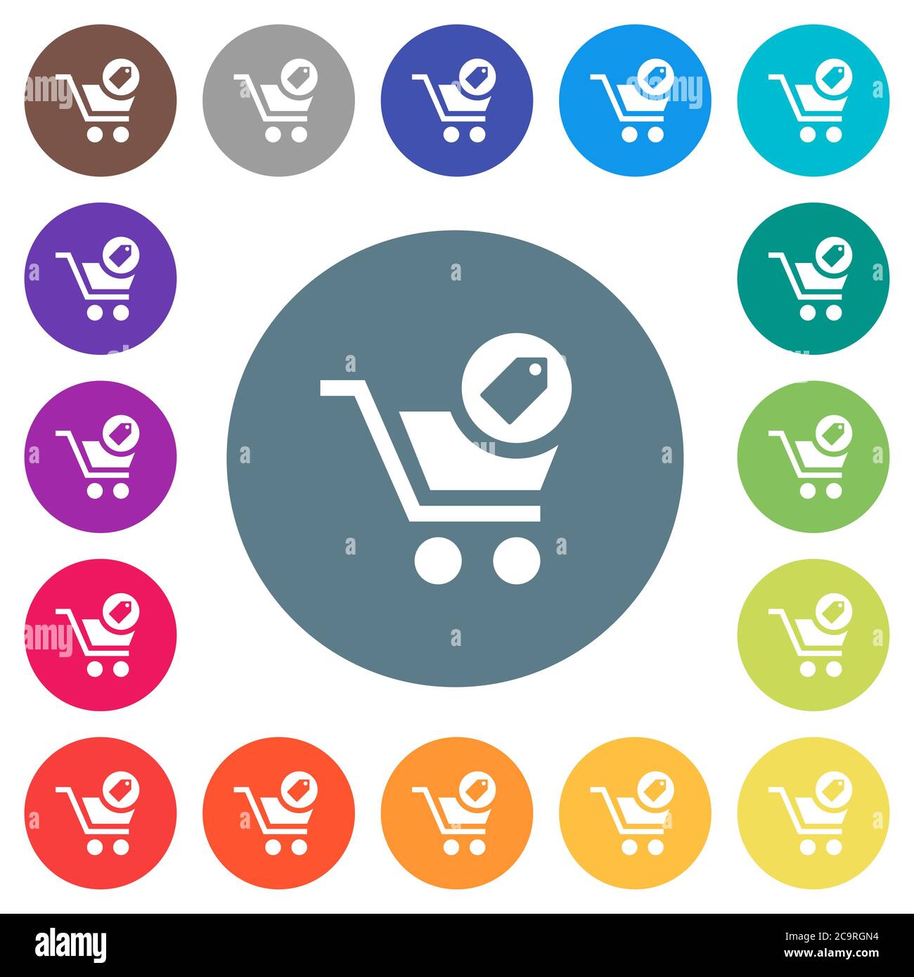 Product purchase features flat white icons on round color backgrounds ...