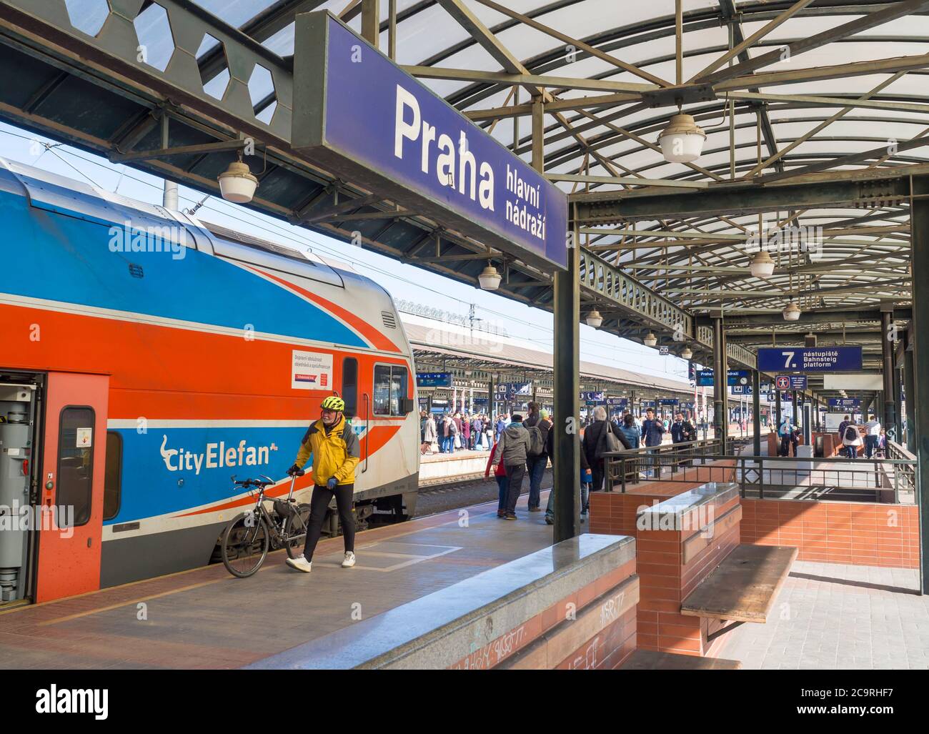 Prague, Czech Republic, March 23, 2019: People at the train platform ...