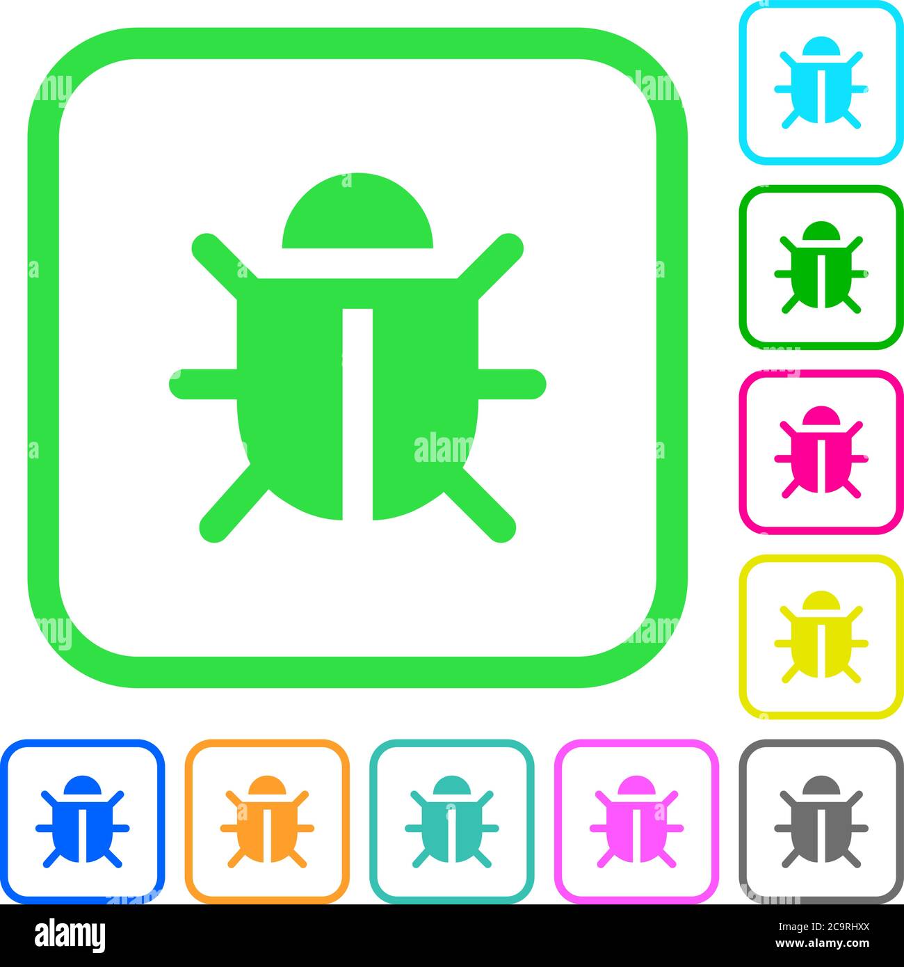 Computer bug vivid colored flat icons in curved borders on white ...