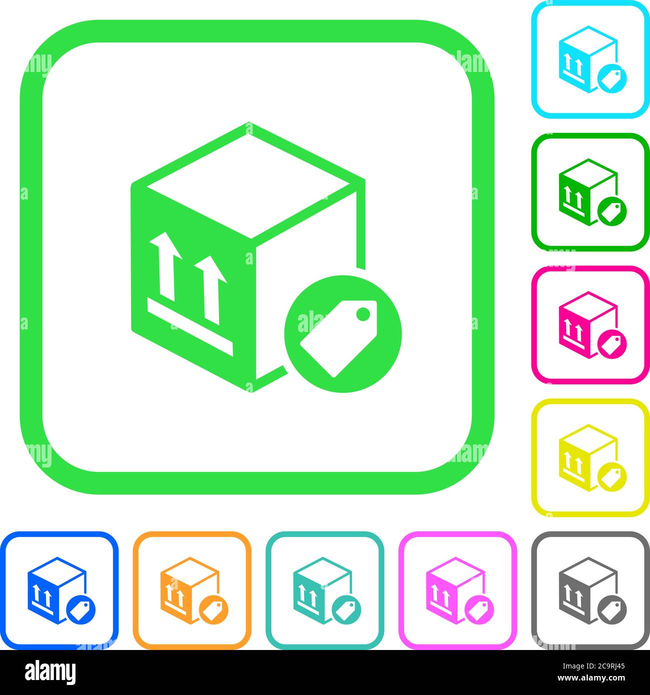 Package labeling vivid colored flat icons in curved borders on white ...