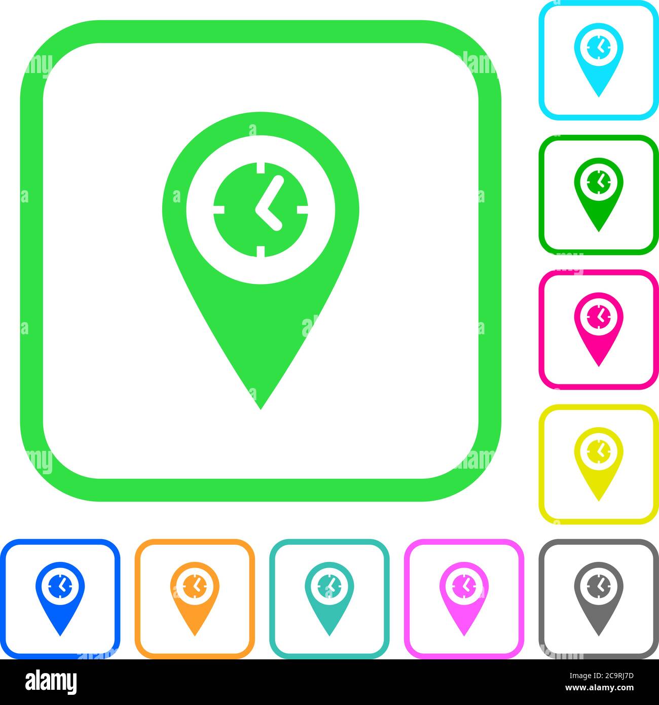 Arrival time GPS map location vivid colored flat icons in curved ...
