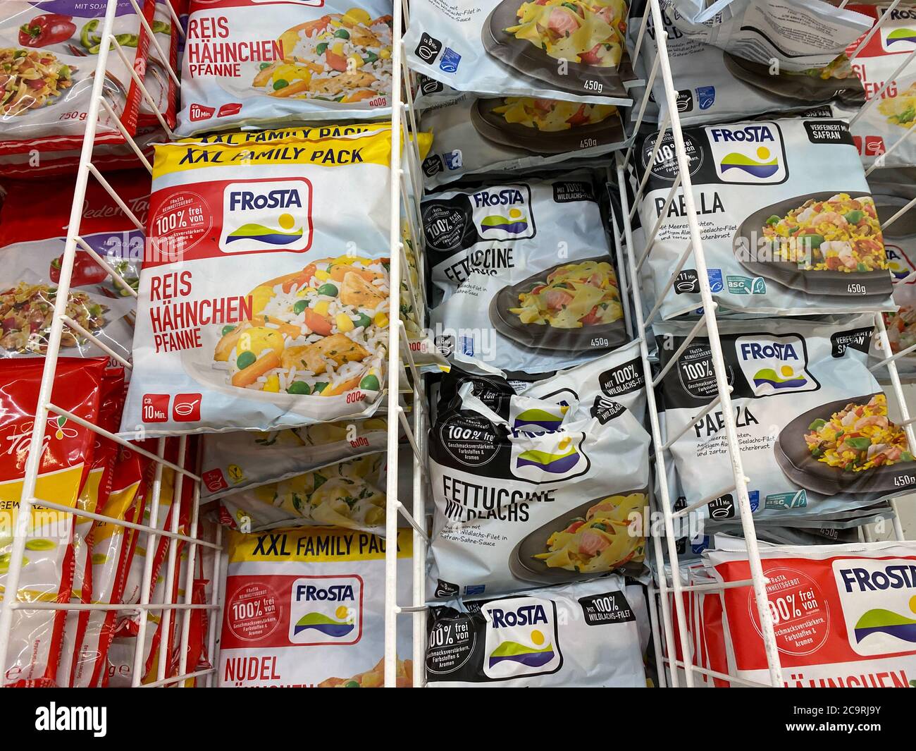 Viersen, Germany - July 9. 2020: Closeup of isolated bags frozen Frosta ...