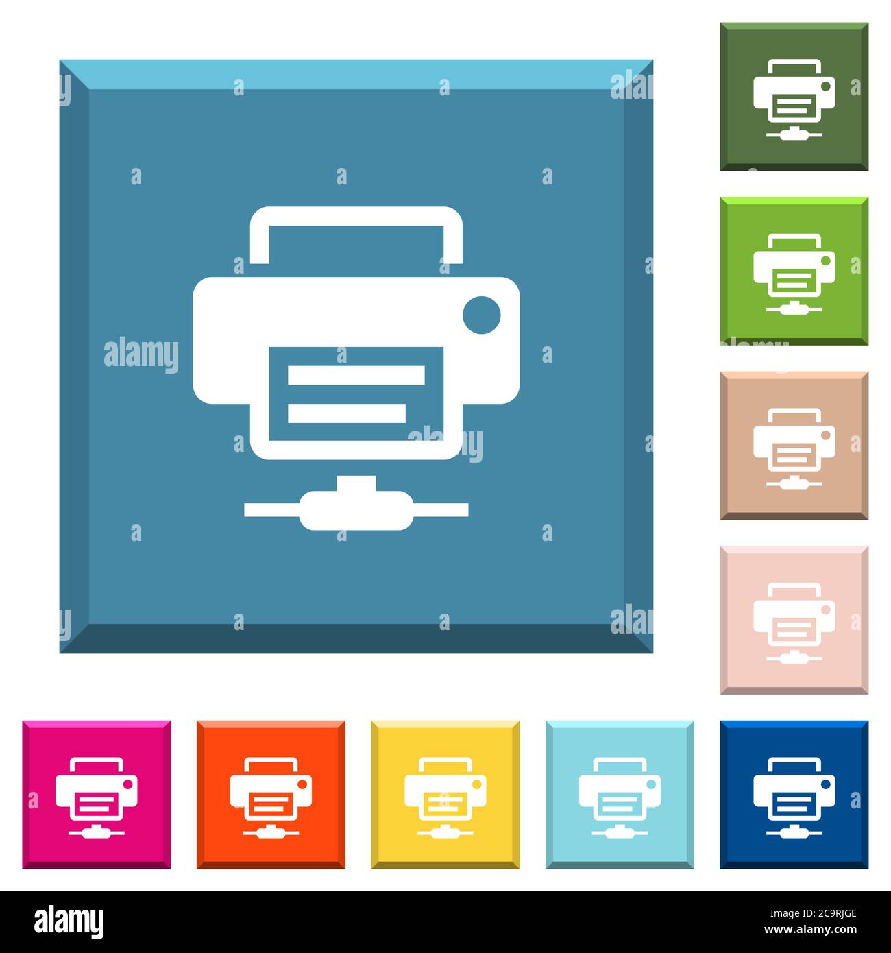 Network printer white icons on edged square buttons in various trendy ...