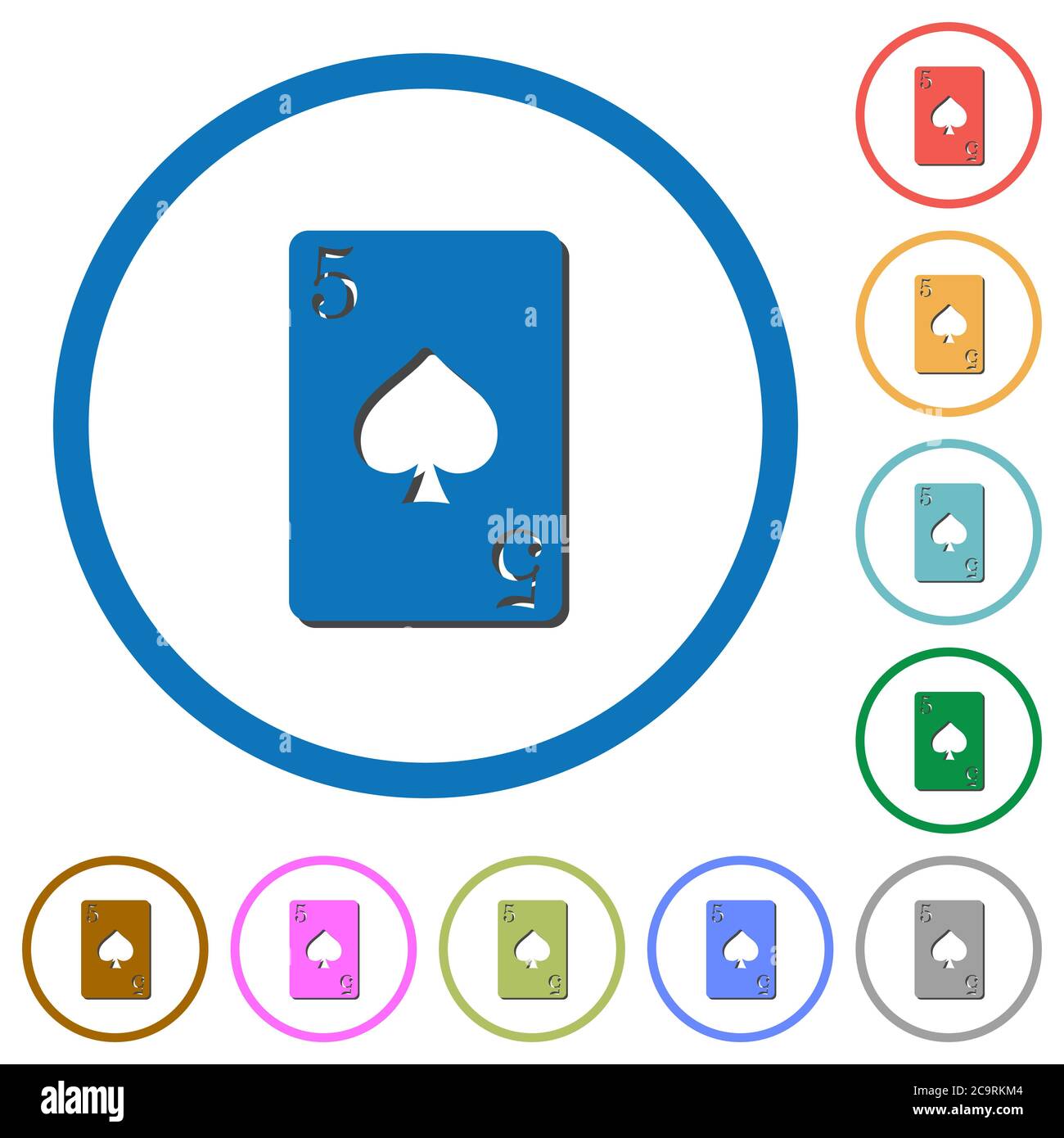Five of spades card flat color vector icons with shadows in round ...
