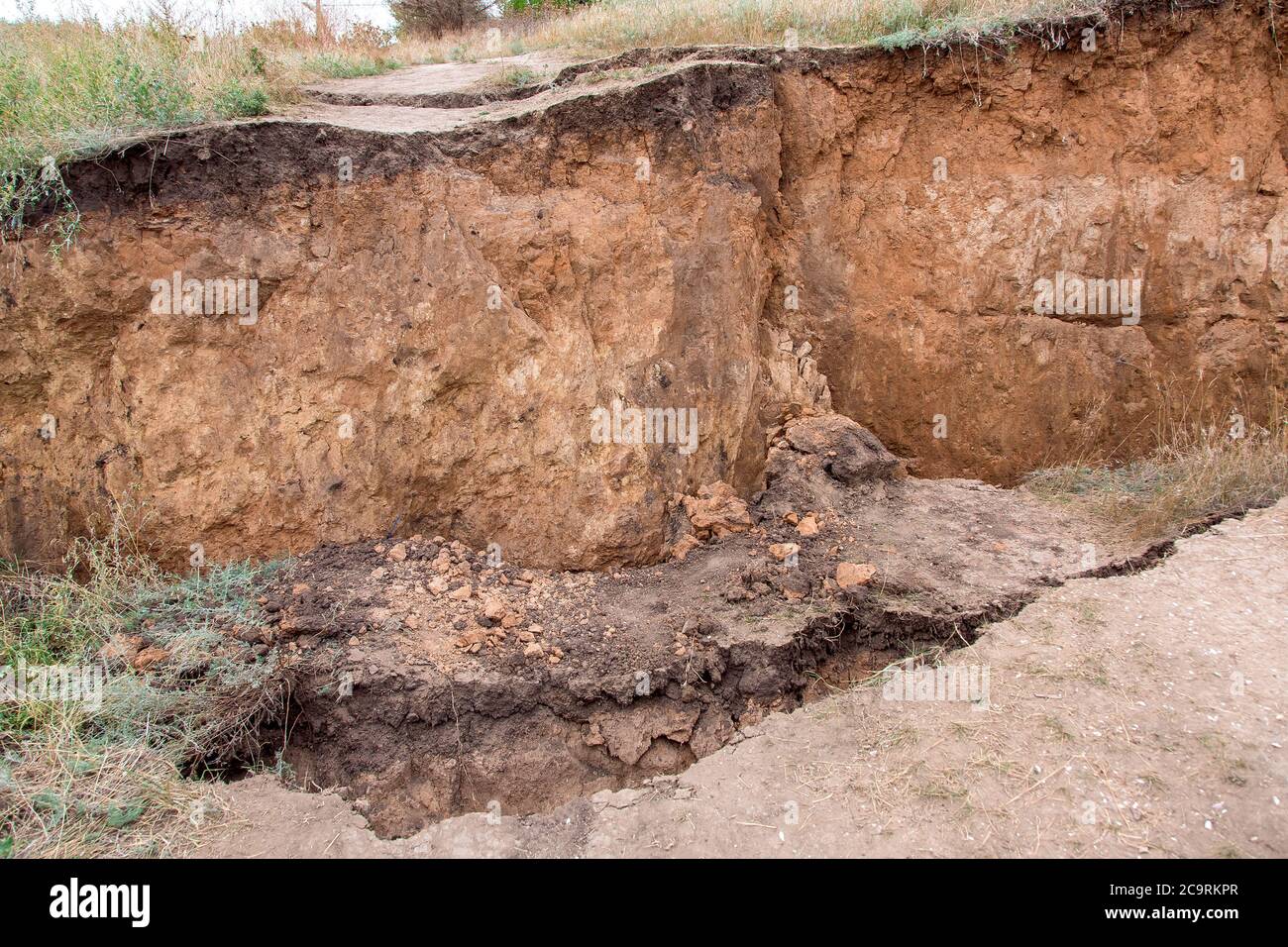 ecological disaster landslide of clay soil after an earthquake, a close ...
