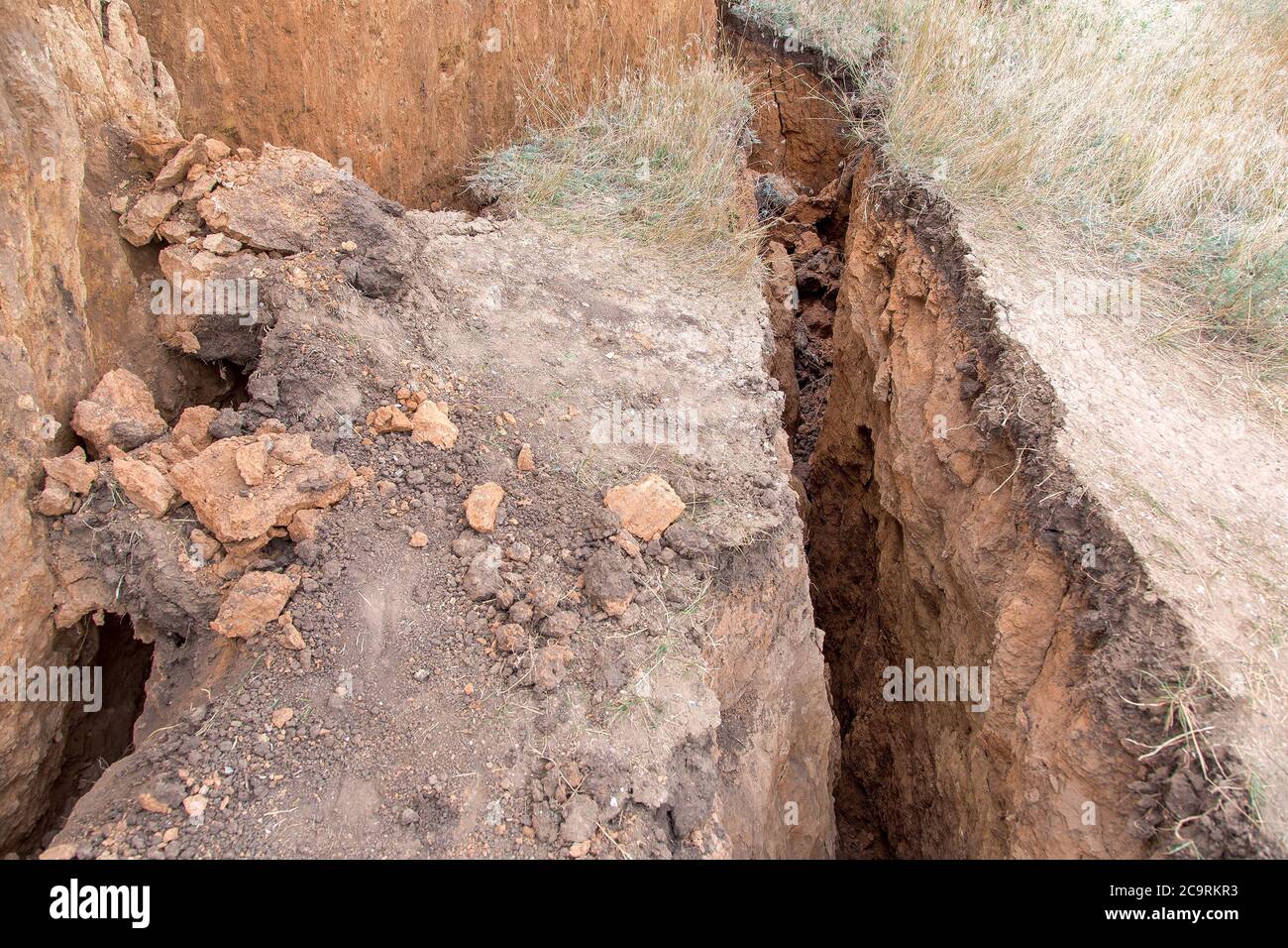 ecological disaster landslide of clay soil after an earthquake, a close ...
