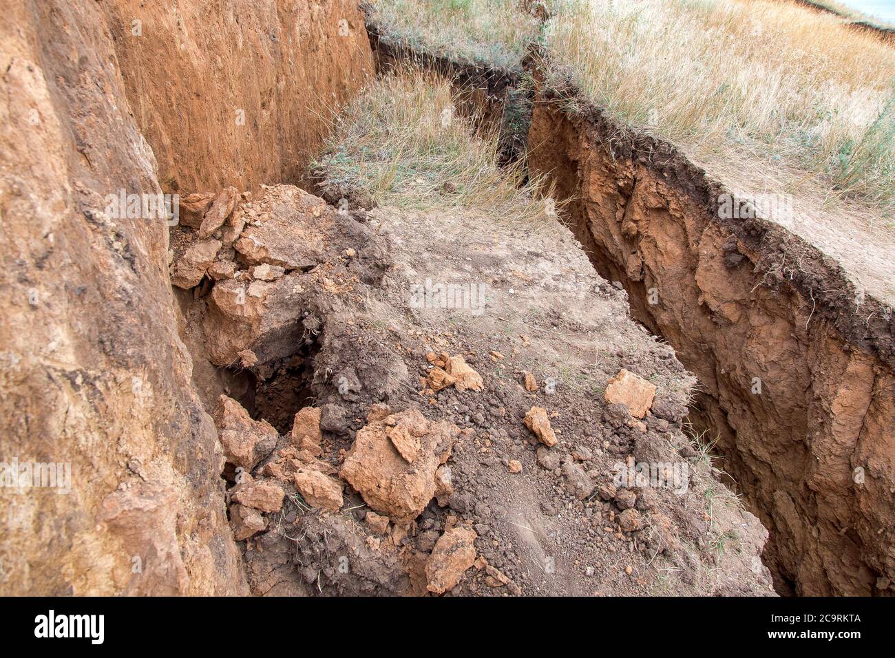 ecological disaster landslide of clay soil after an earthquake, a close ...