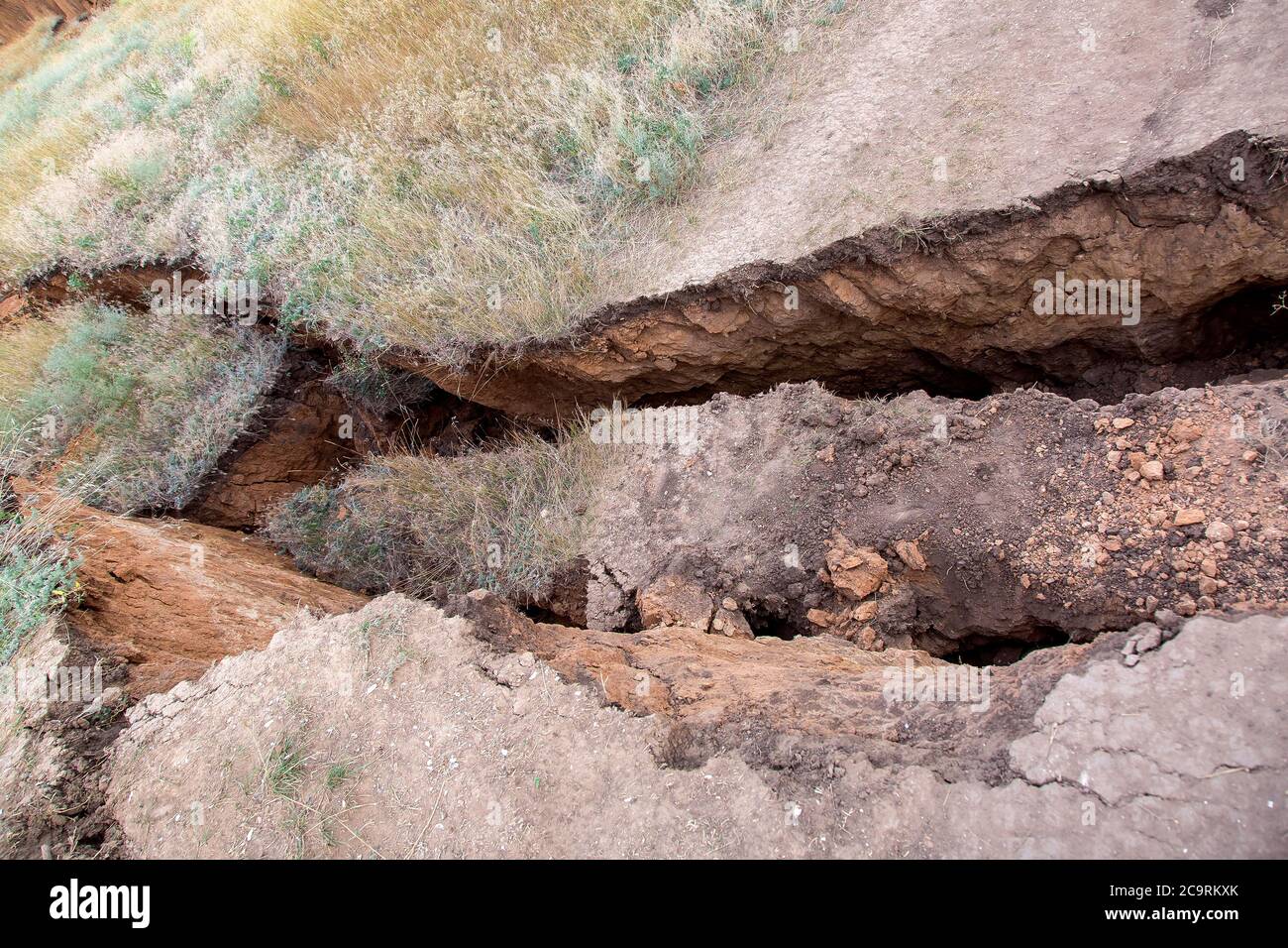 landslide in an environmentally fracture area large crack in clay ...